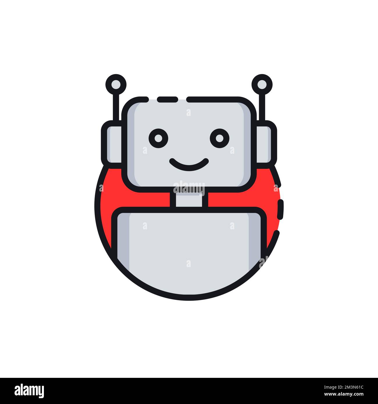 Robot icon. Chatbot icon. Cute smiling bot. Outline robot sign in blue circle. Vector flat line ...