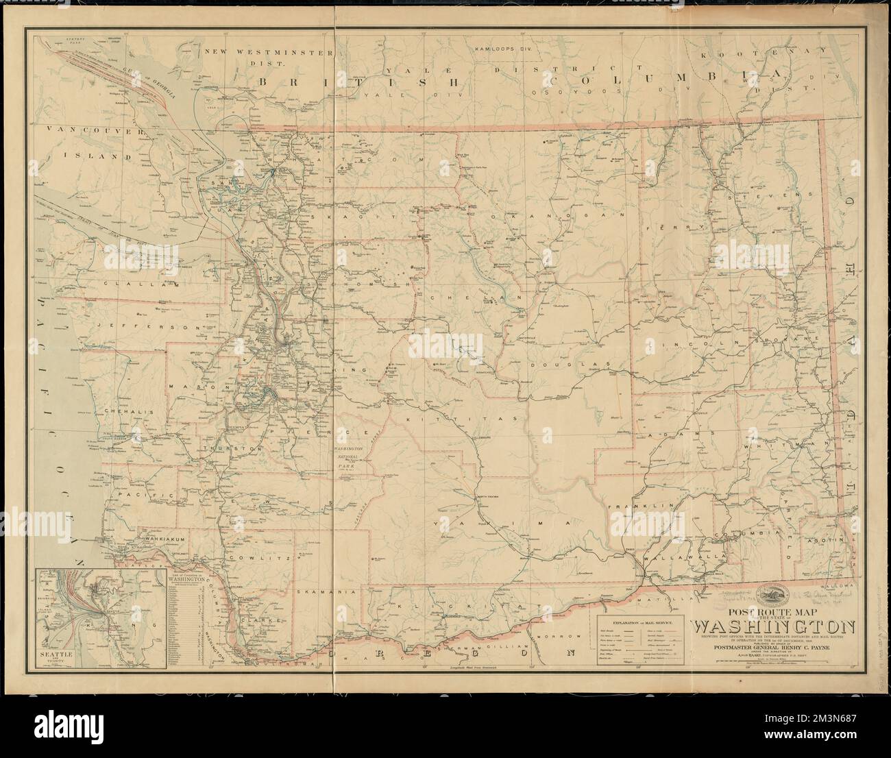 Post route map of the state of Washington showing post offices with the ...