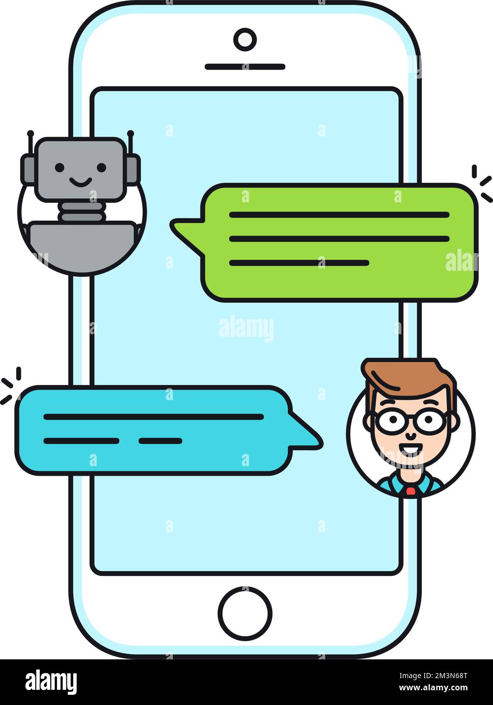 Chatbot Flat Line Icon Concept Man Chatting With Chat Bot On Smartphone User Talk With Bot In