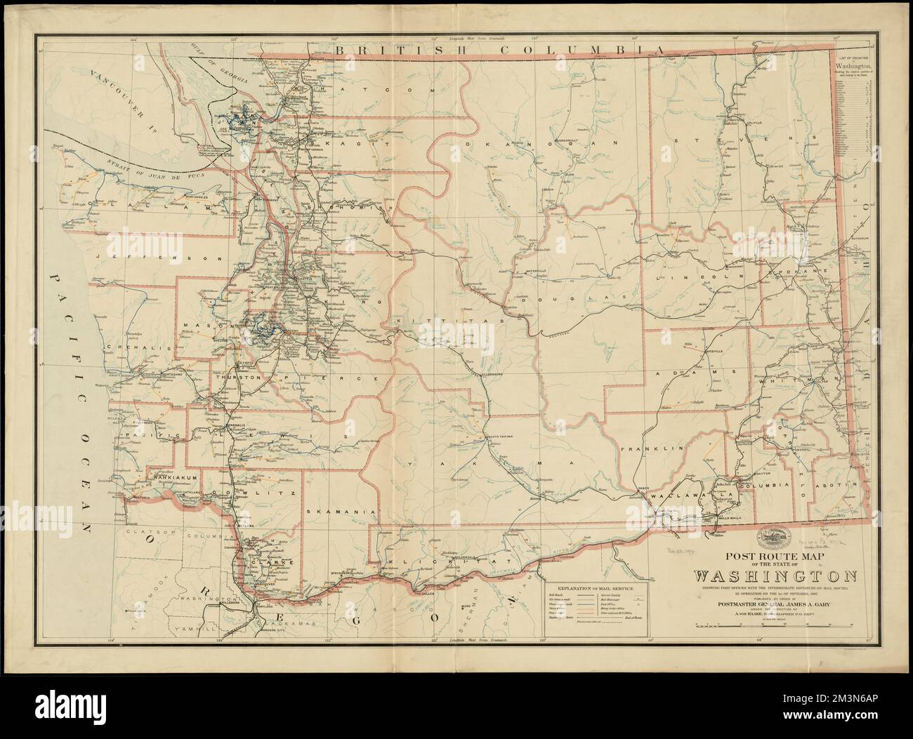 Post route map of the state of Washington showing post offices with the ...