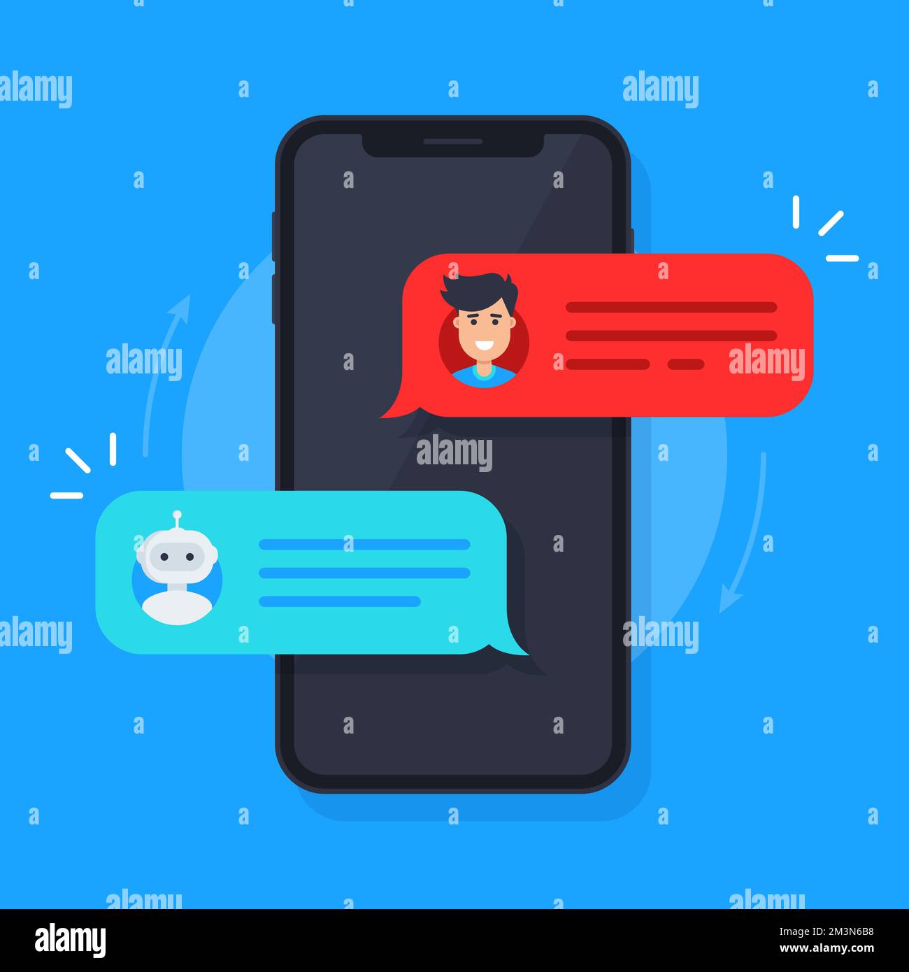 Chatbot concept. Man chatting with chat bot on smartphone. Sms bubbles ... Chatbot concept. Man chatting with chat bot on smartphone. Sms bubbles ...