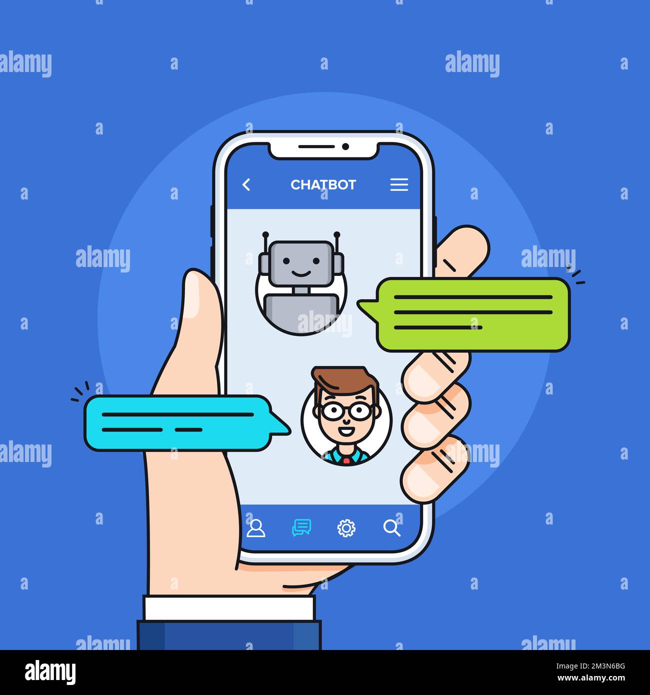 Chatbot concept. Man chatting with chat bot on smartphone. Smart bot answer to user in the ...