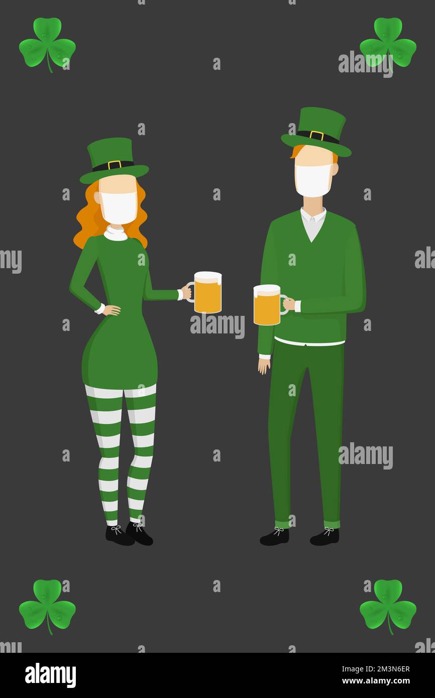 St. Patrick's Day poster. Man and woman in masks drink. Vector ...