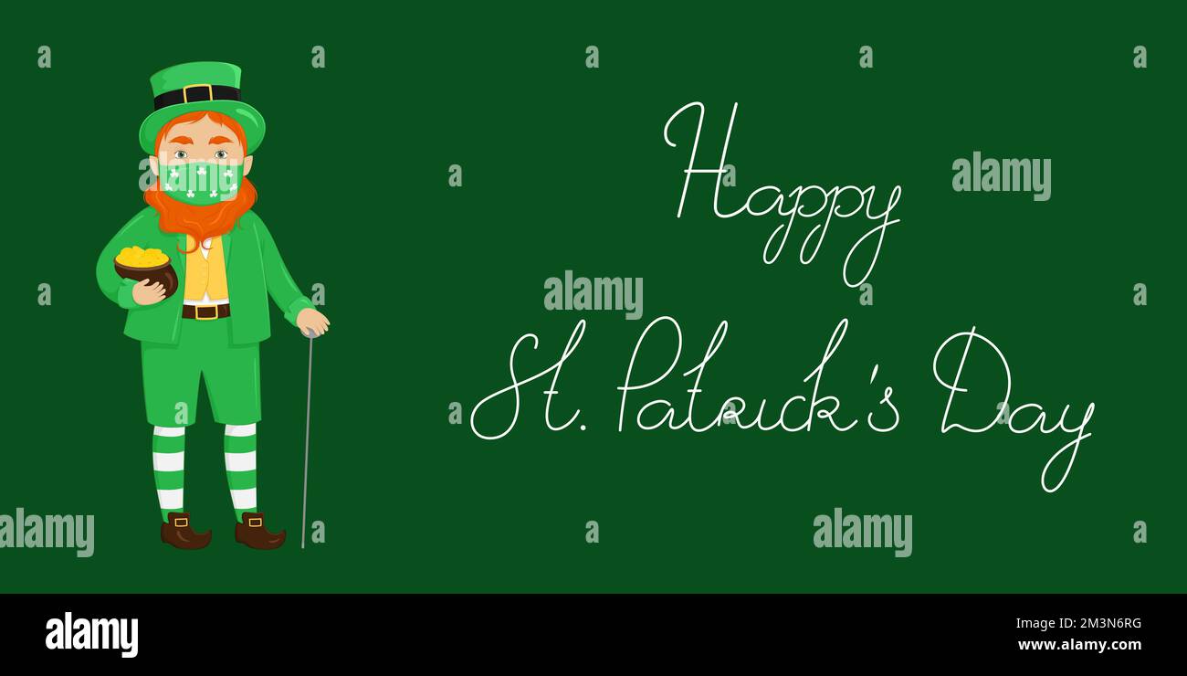 Saint Patrick's Day greeting card. Leprechaun in mask hold pot of gold ...