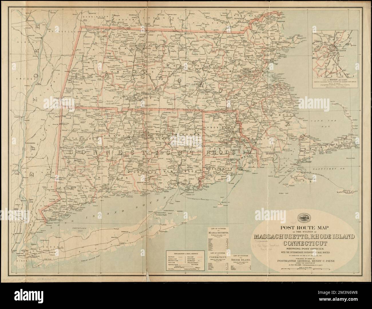 Post route map of the states of Massachusetts, Rhode Island ...