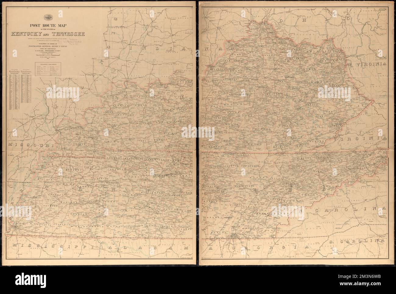 Post route map of the states of Kentucky and Tennessee showing post ...