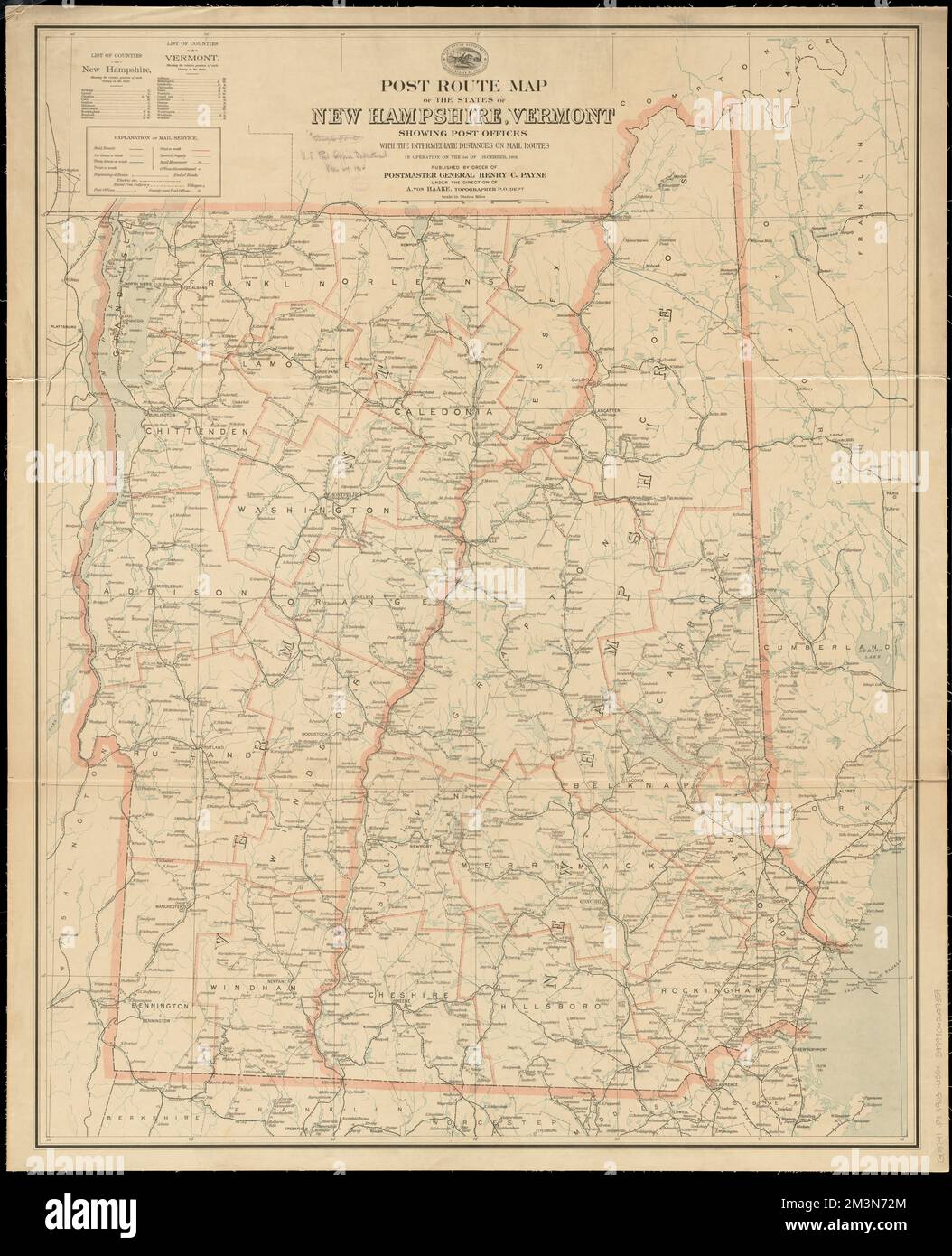 Post route map of the states of New Hampshire, Vermont showing post ...