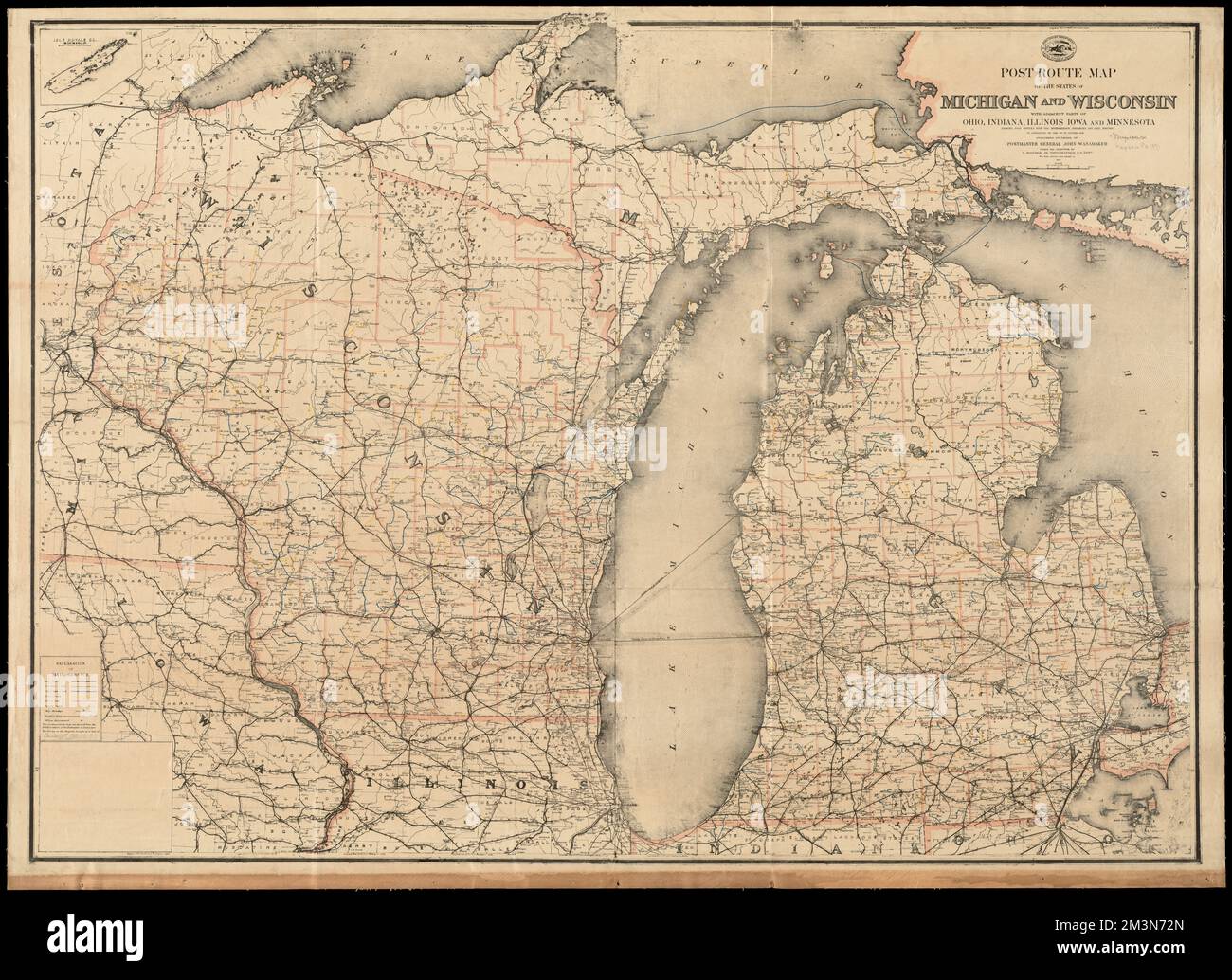 Post route map of the states of Michigan and Wisconsin with adjacent ...