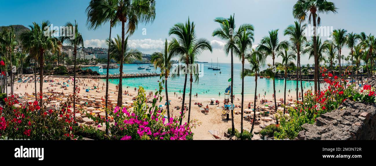 Panoramic view of a tropical beach in Spain, Anfi Del Mar resort in ...