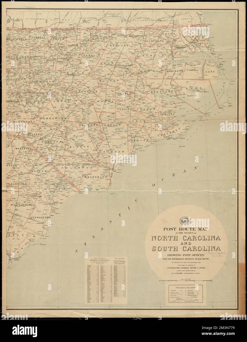 Post route map of the states of North Carolina and South Carolina ...