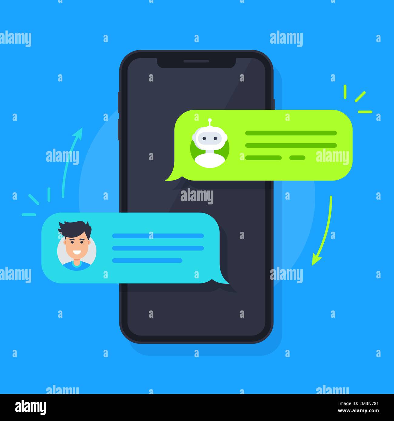 Chatbot concept. Messaging with chatbot illustration. Man chatting with chat bot on smartphone ...
