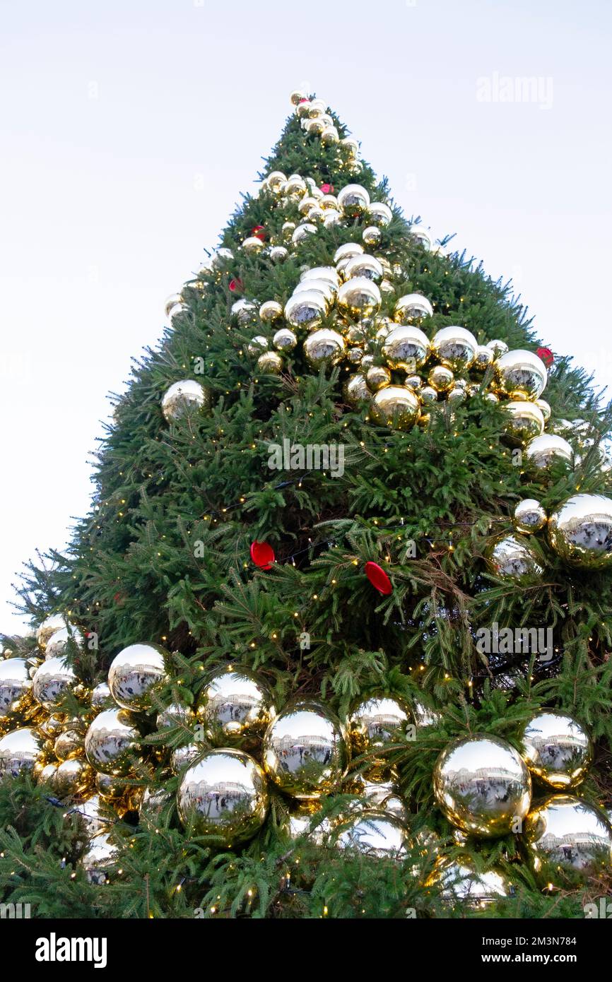 Decorations on Christmas tree at Somerset House winter ice rink in ...