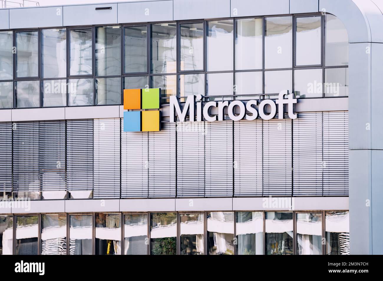 29 July 2022, Cologne, Germany: Microsoft brand logo on an office ...