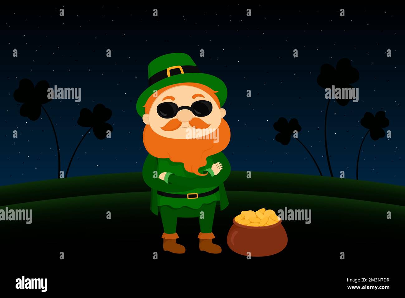 Leprechaun in sunglasses and pot of gold. St. Patrick's Day. Vector ...