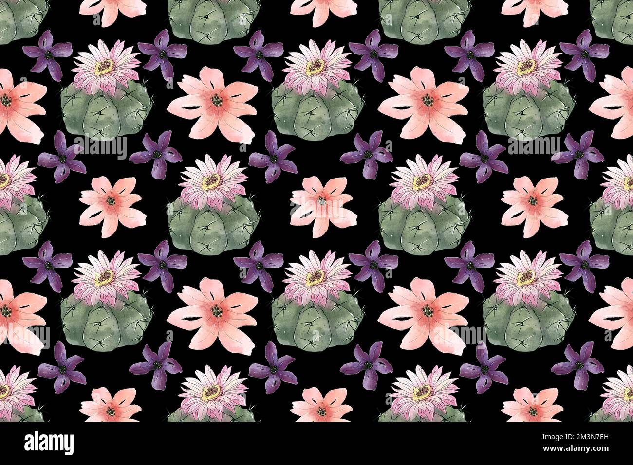 Seamless pattern with succulents and cacti flowers. Watercolor hand ...