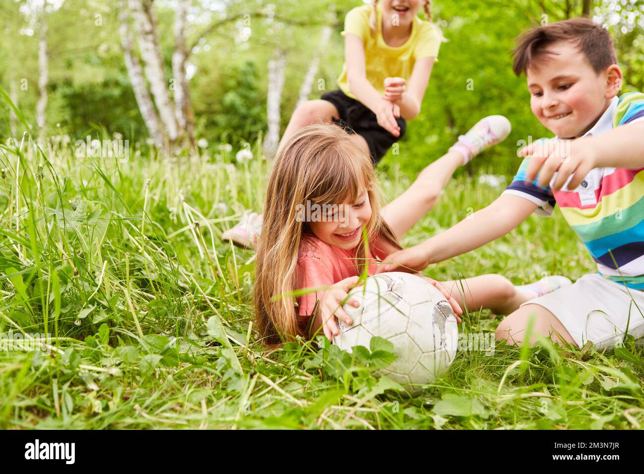 Group of children playing soccer and scuffling around football in grass ...