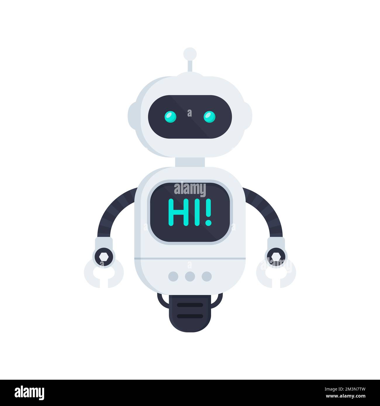 Robot on white. Chatbot icon. Bot say hi on screen. Customer support ...