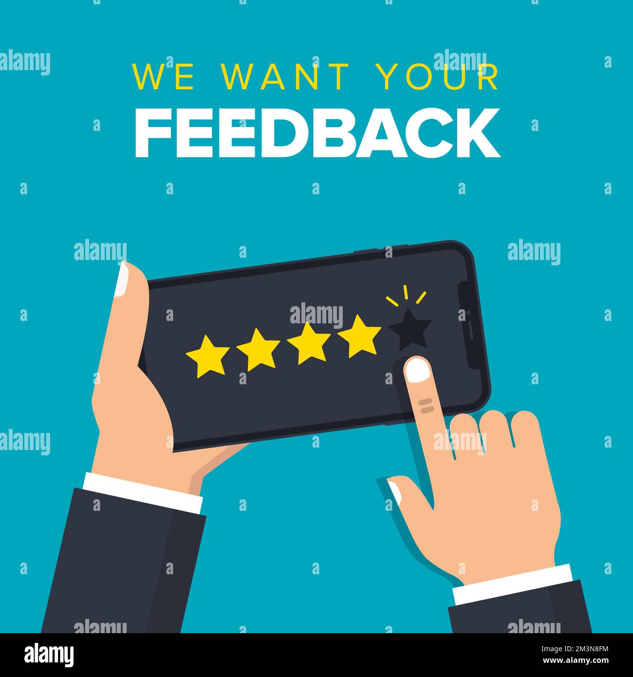 We want your feedback illustration concept. Hand want to give five star ...