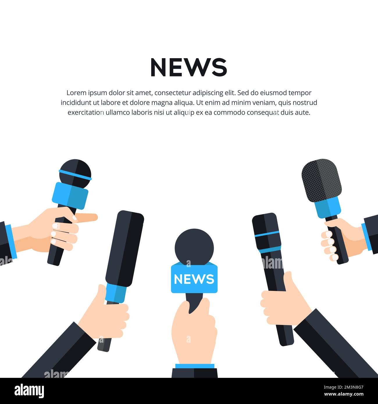 News interview vector illustration. Hands with microphones on white ...