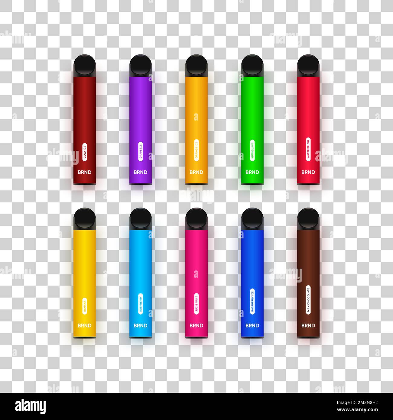 Set of colorful disposable electronic cigarettes in different flavors ...