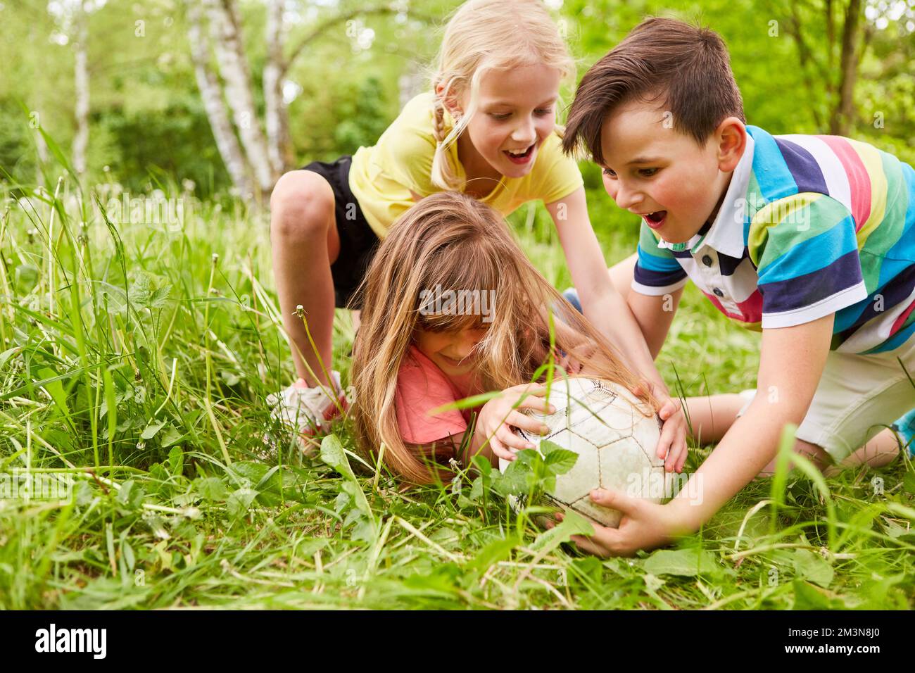 Male and female friends playing soccer and scuffling around football in ...