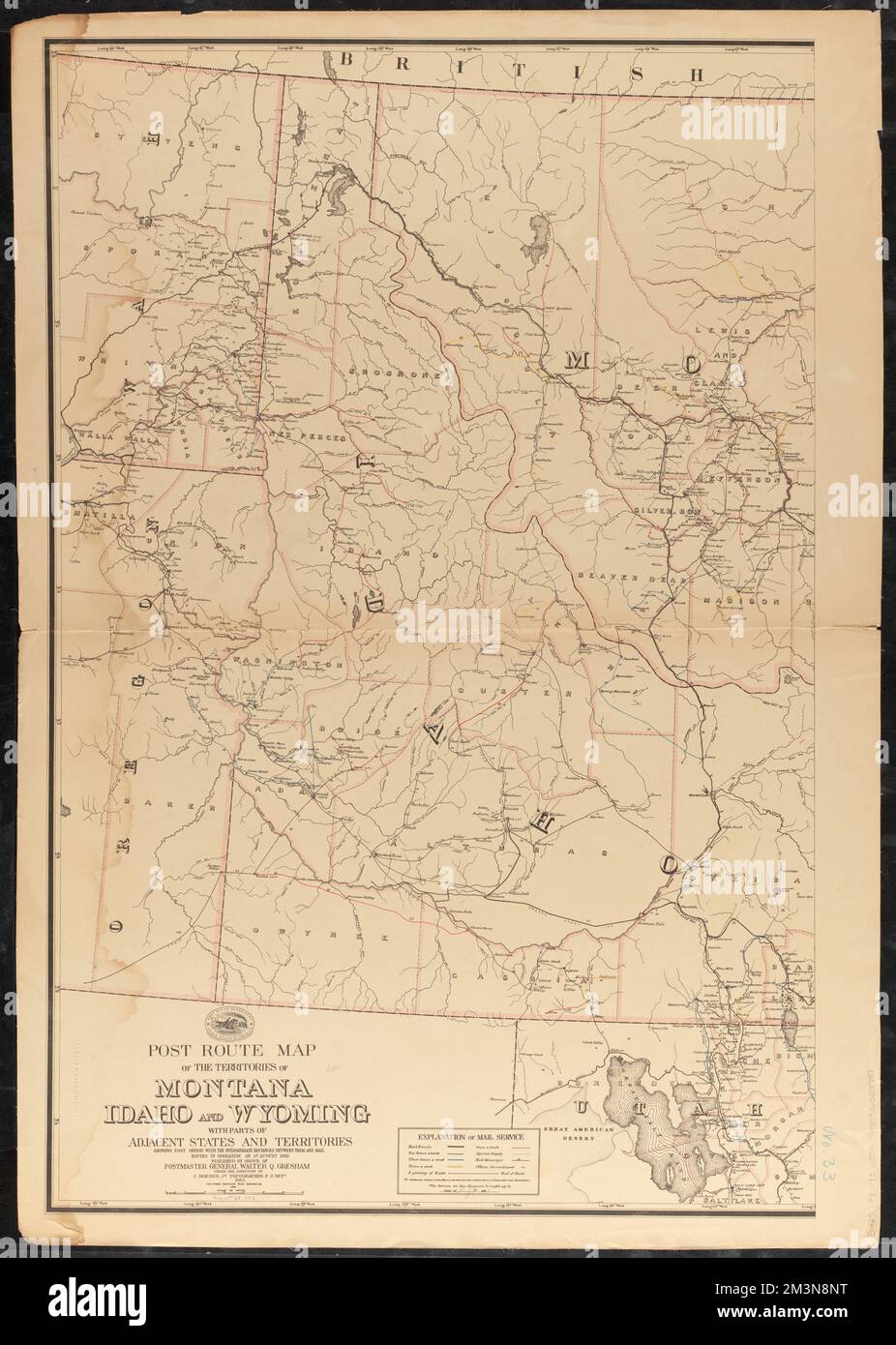 Post route map of the territories of Montana, Idaho, and Wyoming with ...