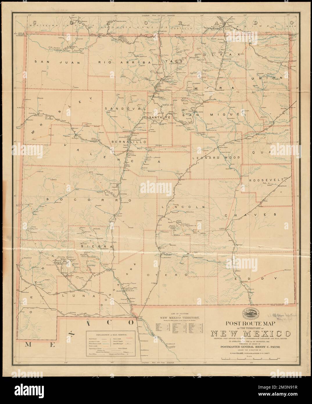 Post route map of the territory of New Mexico showing post offices with ...