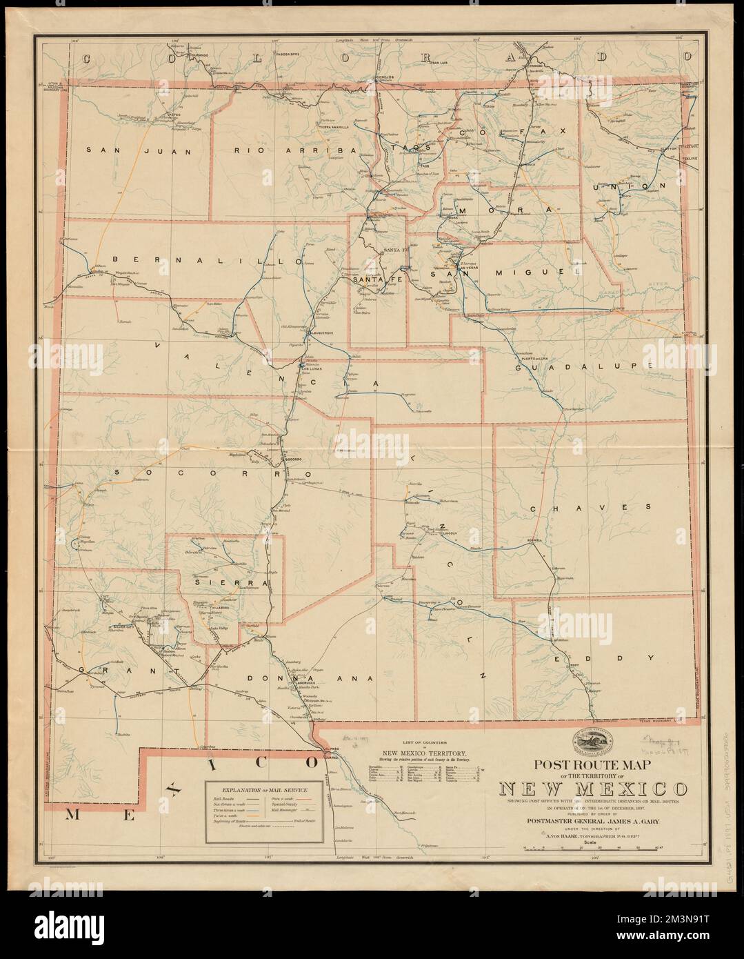 Post route map of the territory of New Mexico showing post offices with ...
