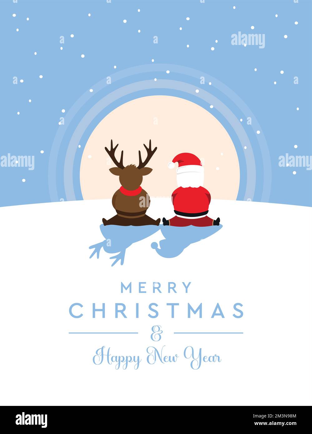 christmas greeting card with cute deer and santa on winter landscape ...