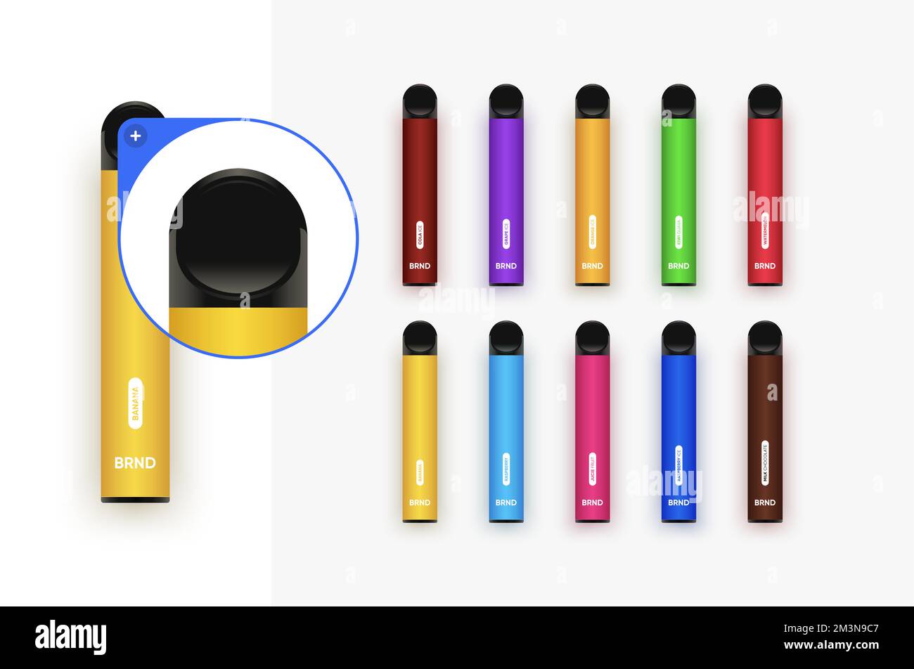 Set of colorful disposable electronic cigarettes in different flavors ...