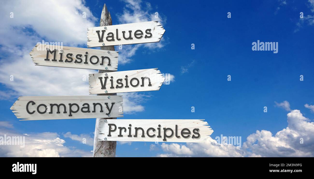 Values, mission, vision, company, principles - wooden signpost with ...