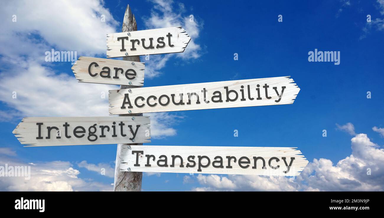 Trust, care, integrity, transparency, accountability - wooden signpost ... Trust, care, integrity, transparency, accountability - wooden signpost ...