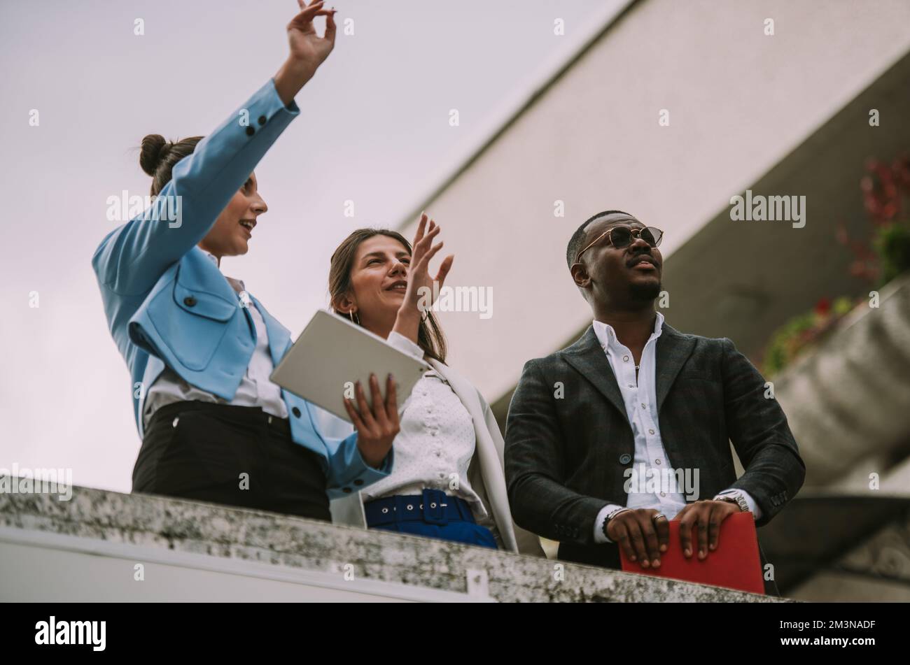 Business colleagues pointing at something while standing at the ...