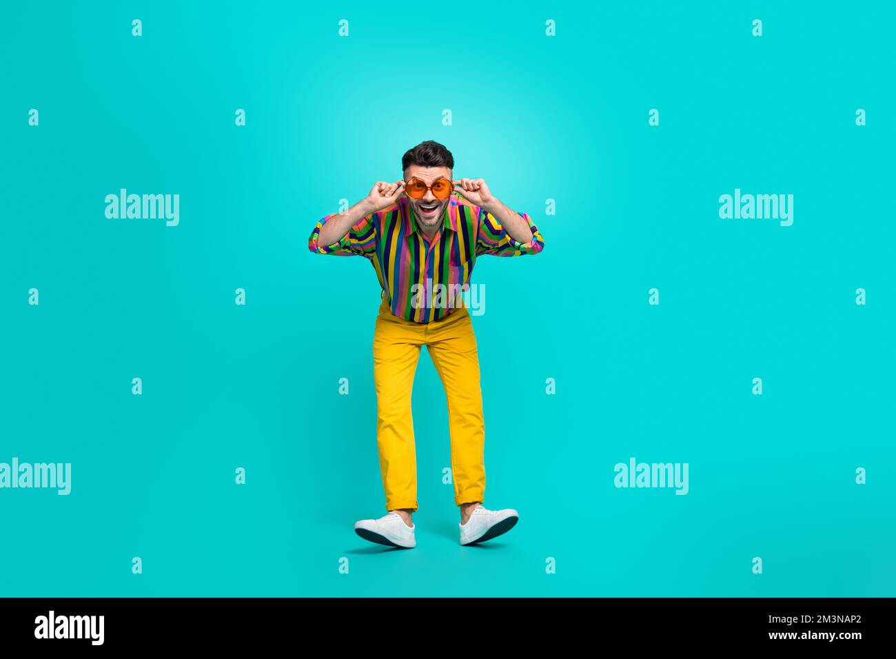 Full length size photo of young satisfied glad guy wear summer sunglass ...