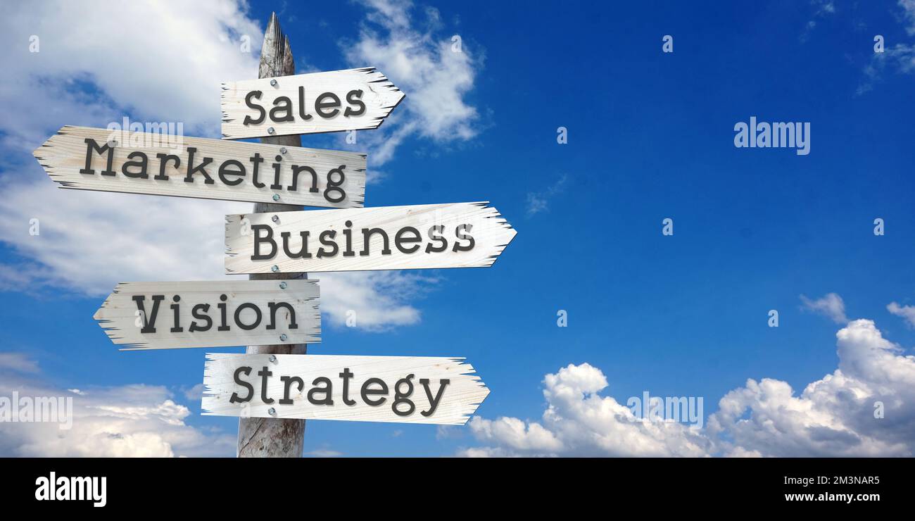 Sales, marketing, business, vision, strategy - wooden signpost with ...