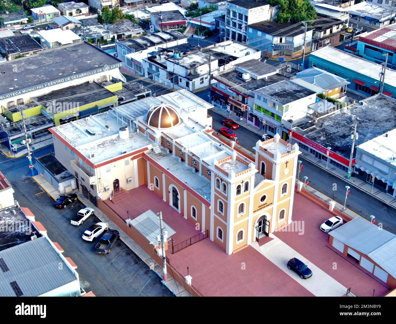 A drone view of the Iglesia San Sebastian Martir in San Sebastian ...