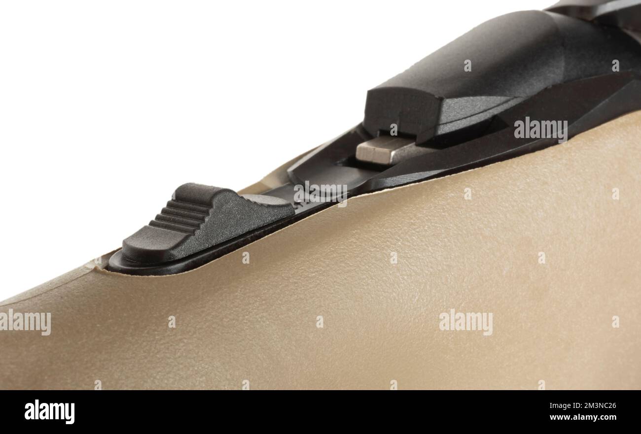 Tang safety on a bolt action rifle engaged isolated on a white ...