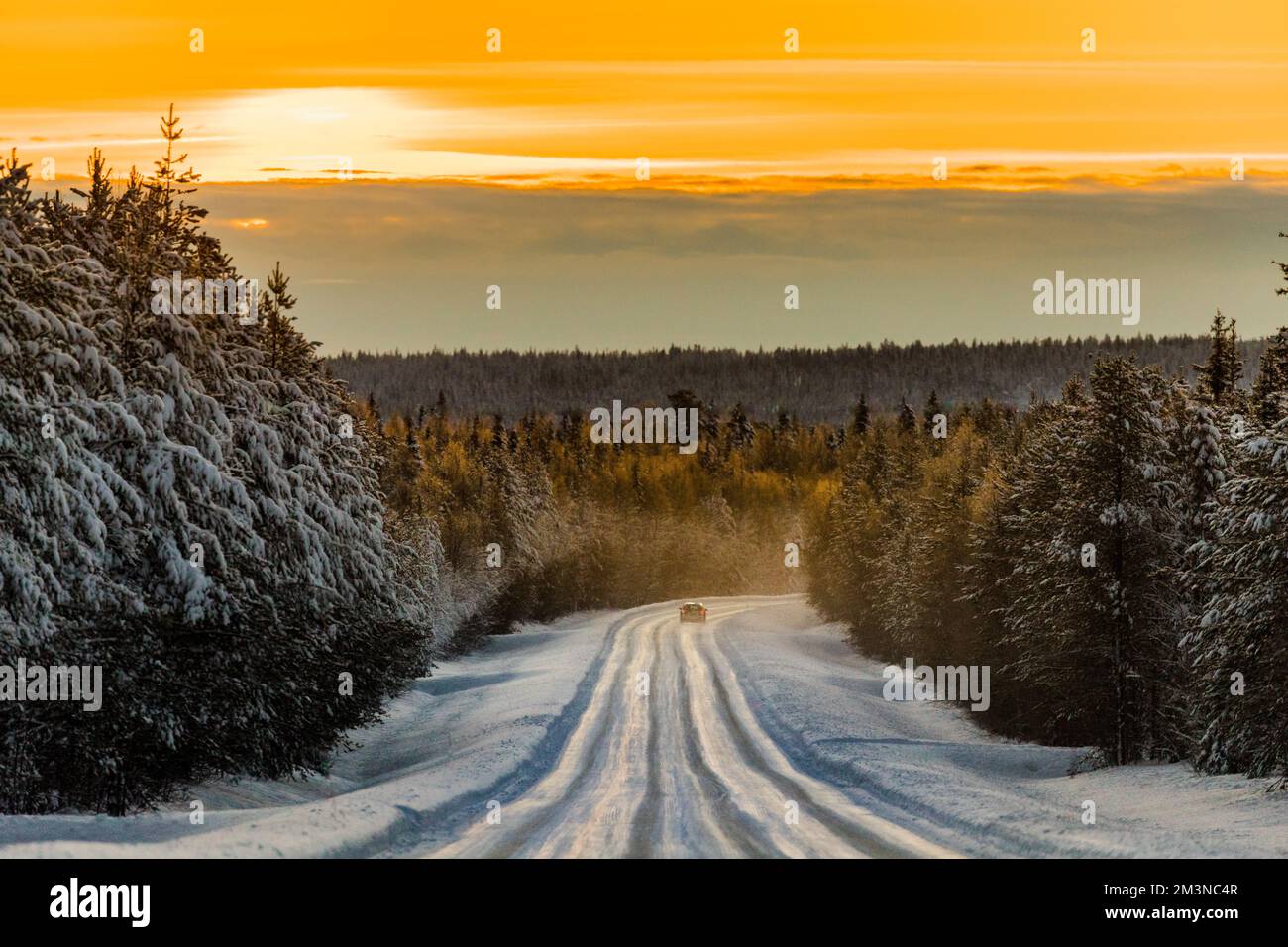 A car driving along a snowy road in the forest Stock Photo - Alamy