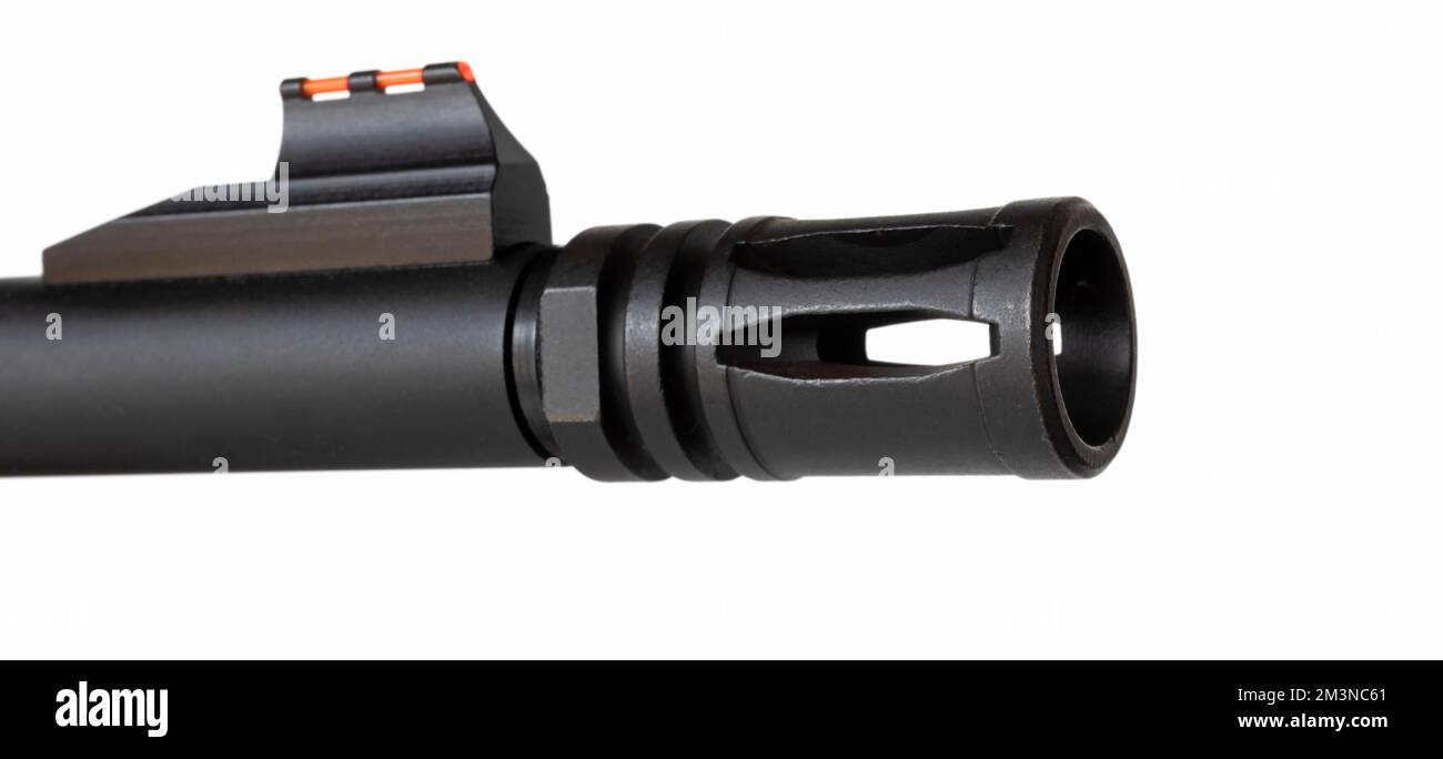 Bolt action rifle barrel with a red front sight amd flash hider ...