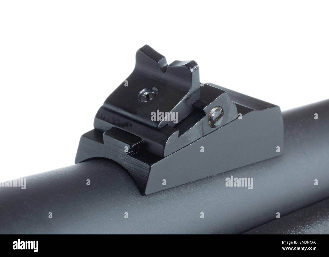Iron sight that is fully adjustable on a rifle barrel with a white ...