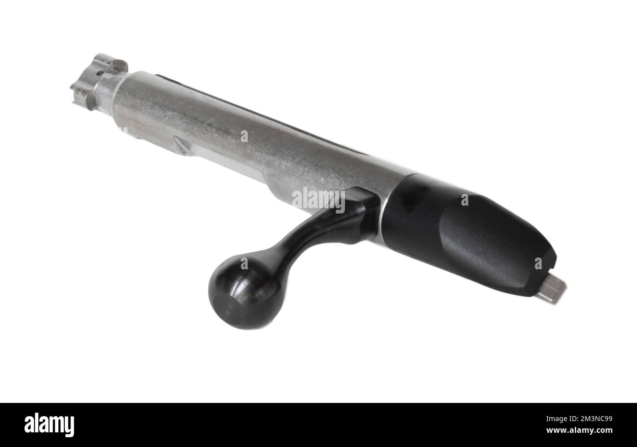 Stainless steel finish on a bolt action rifle bolt with a white ...