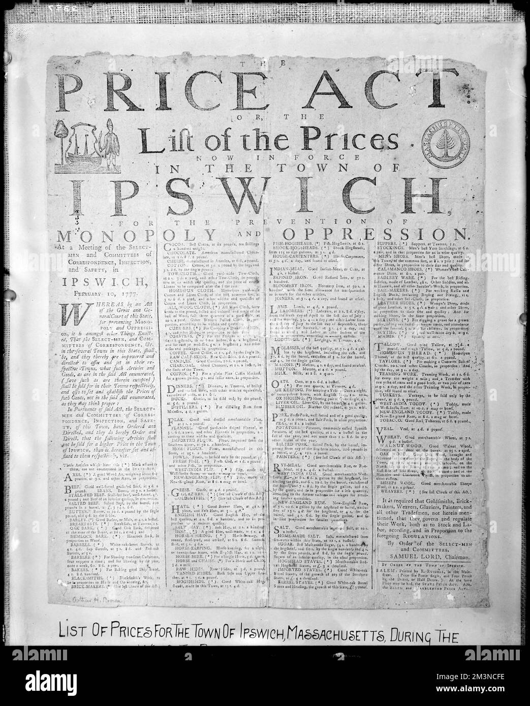 Printed, Price Act or, The List of Prices in force in the Town of ...