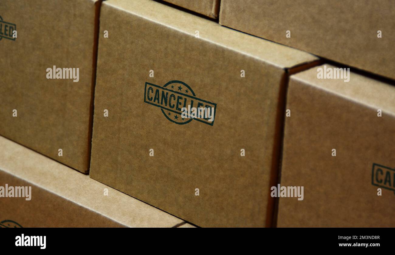 Cancelled stamp printed on cardboard box. Cancellation and work ...