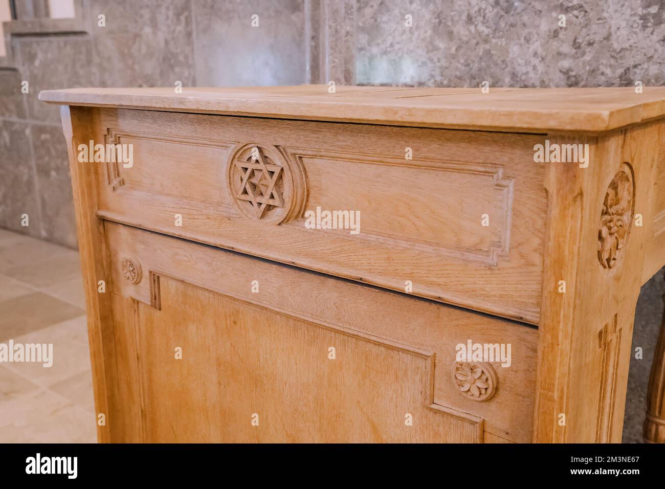 28 July 2022, Essen, Germany: wooden carved altar with the star of ...
