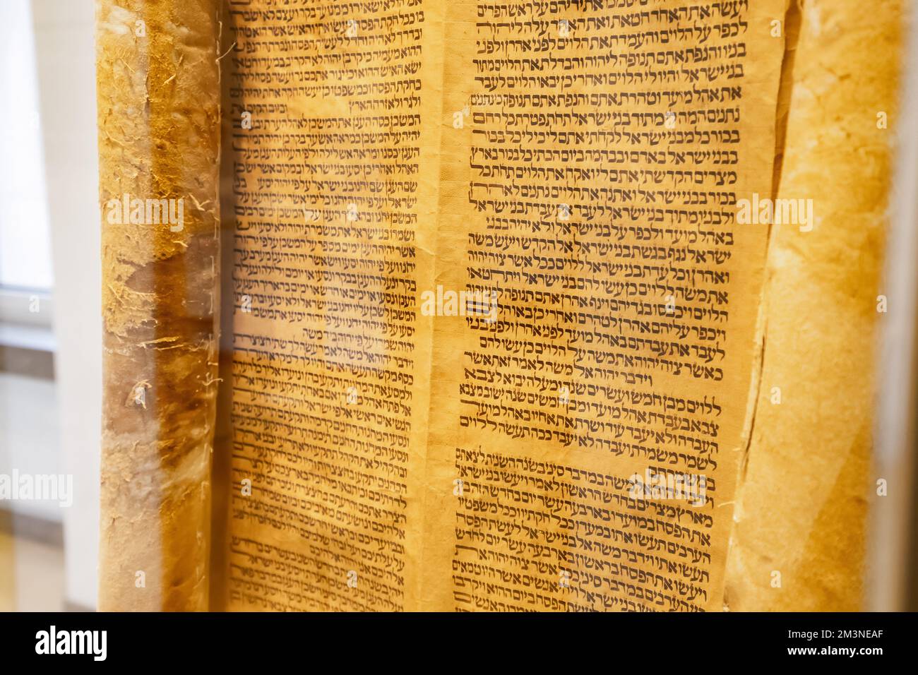 28 July 2022, Essen, Germany: Handwritten Torah scroll or Sefer. Jewish ...