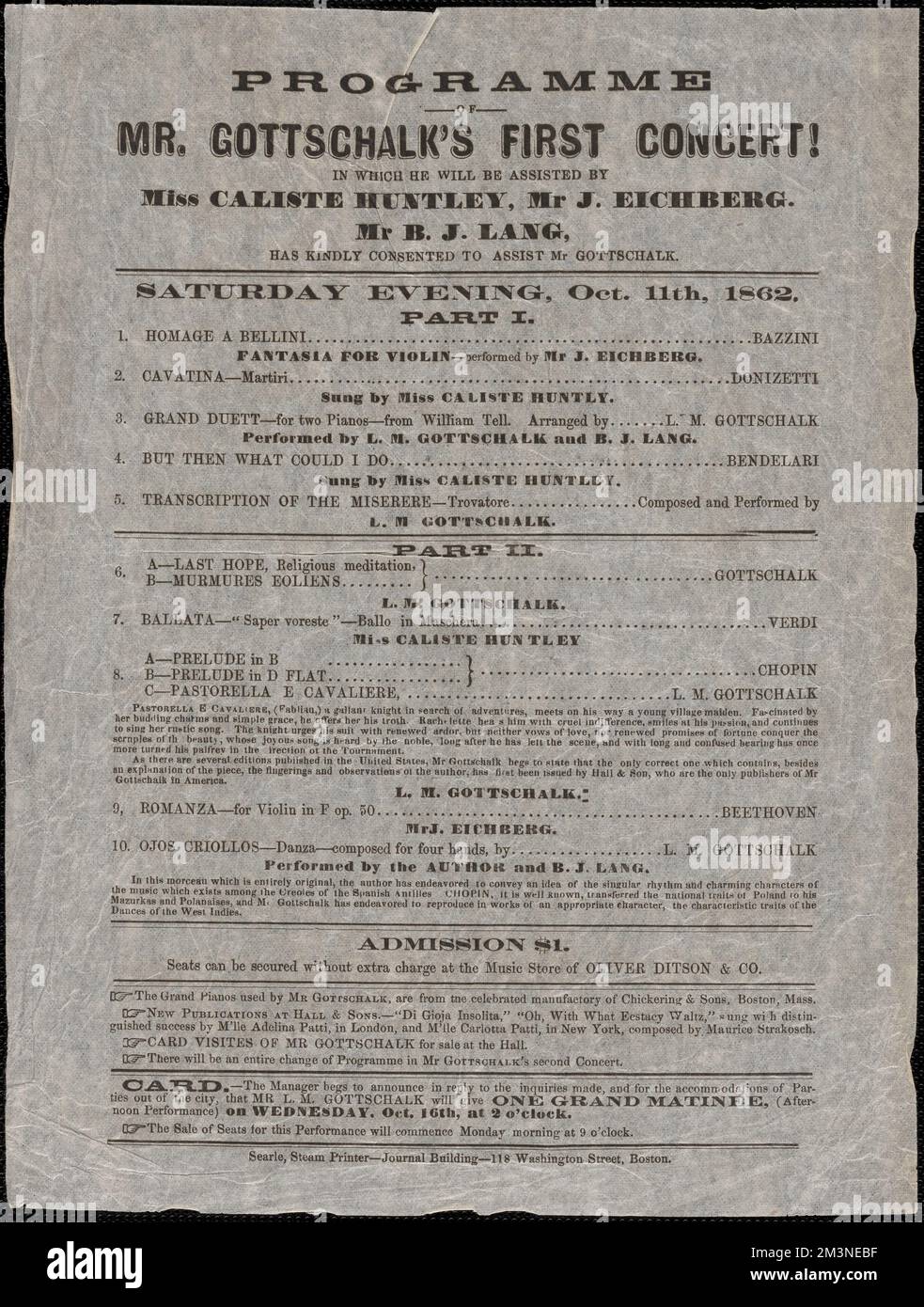 Programme of Mr. Gottschalk's first concert, Saturday evening, Oct ...