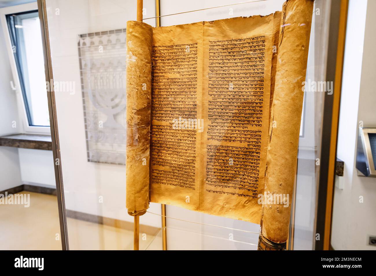 28 July 2022, Essen, Germany: Handwritten Torah scroll or Sefer. Jewish ...