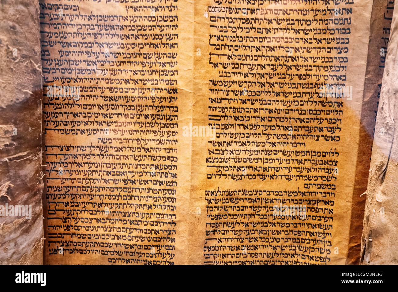 28 July 2022, Essen, Germany: Handwritten Torah scroll or Sefer. Jewish ...