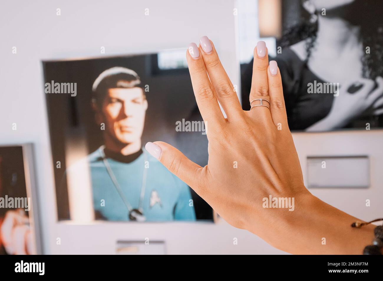 28 July 2022, Essen, Germany: Greeting with an open palm of the ...