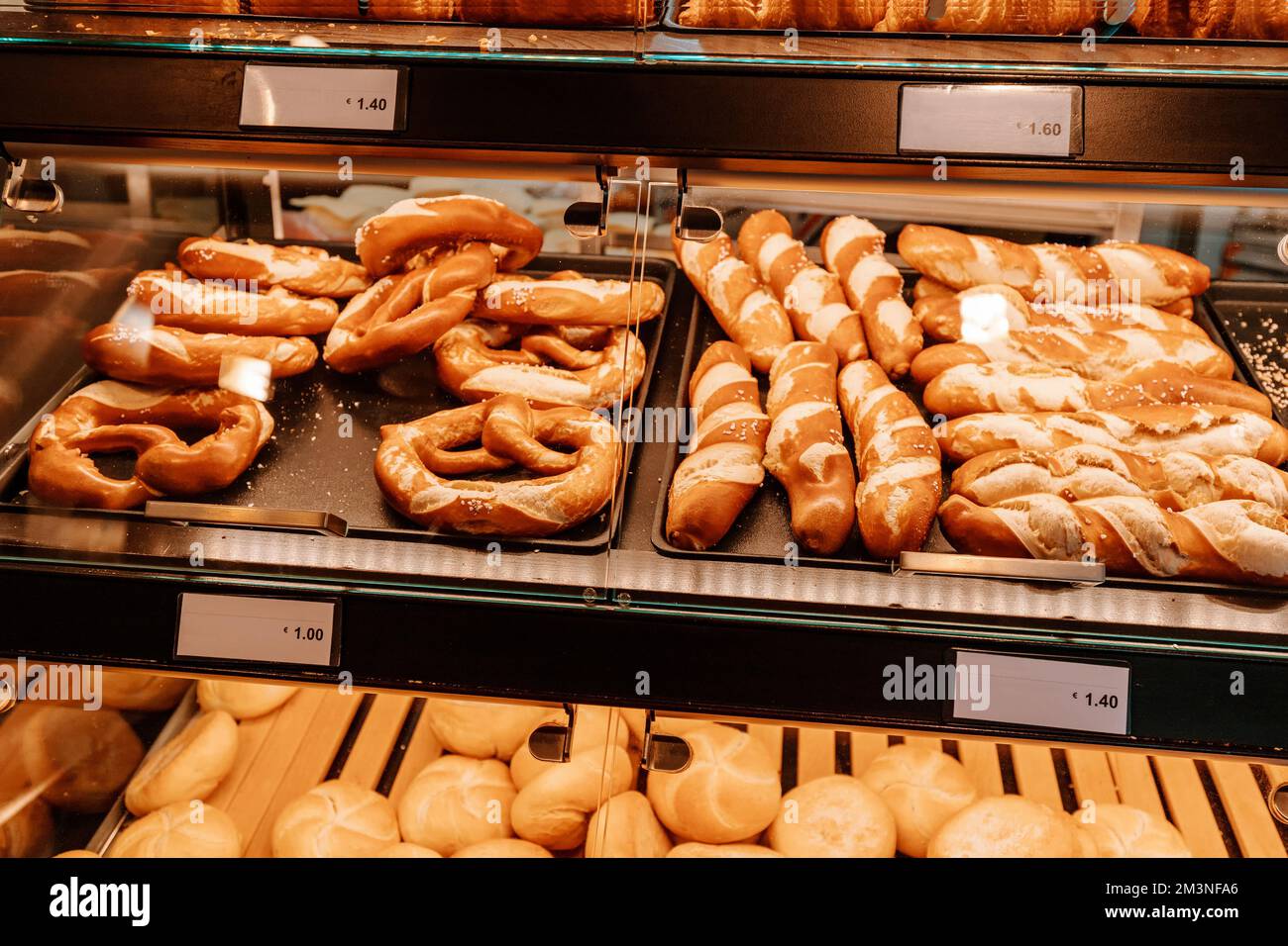 bakery products, delicious and fresh bread, pretzel and bagels and buns ...